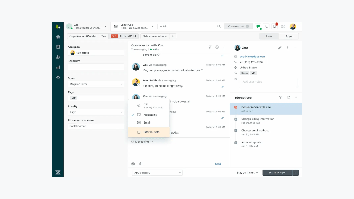 Ticket system by Zendesk with chat. Source: Zendesk