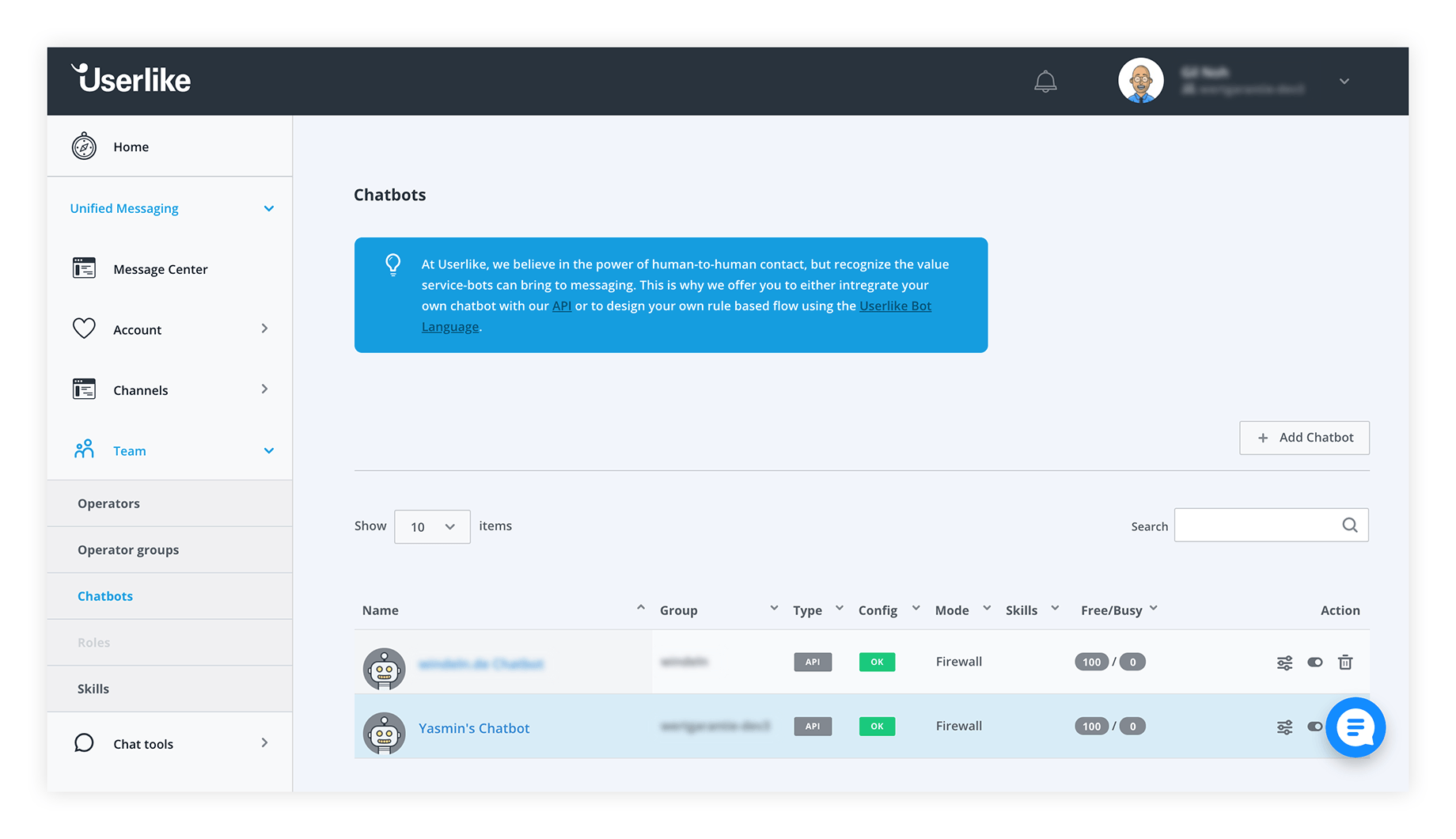How to integrate the OMQ Chatbot into Userlike Unified Messaging
